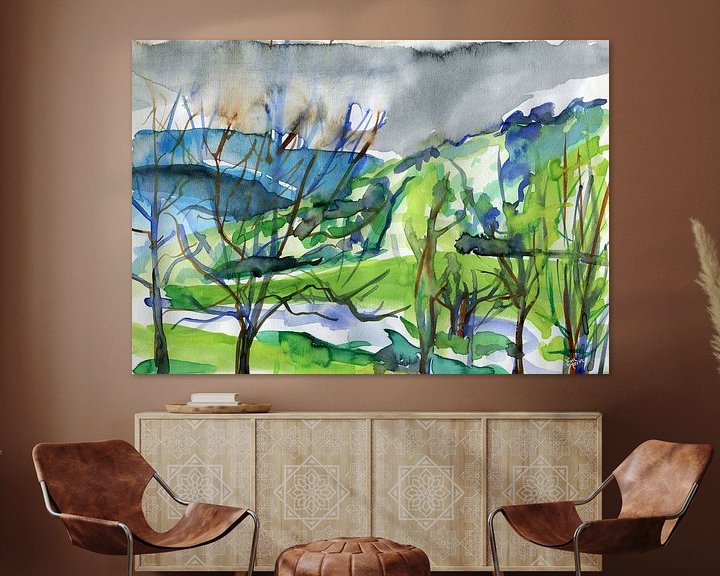 Ontmoeting tussen blauw, grijs en groen van ART Eva Maria op canvas, behang en meer